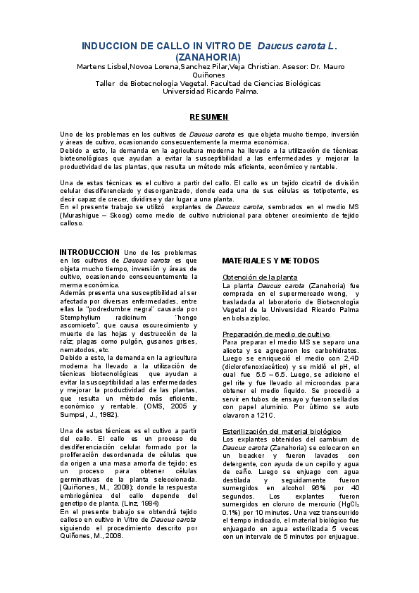(DOC) INDUCCION DE CALLO IN VITRO DE Daucus carota L. (ZANAHORIA)