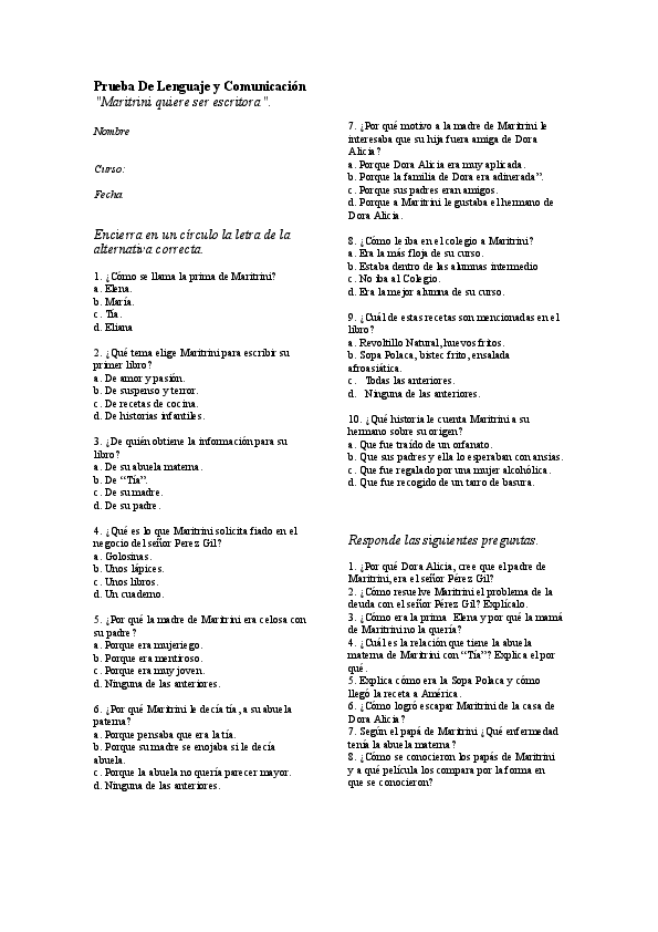 (DOC) Prueba De Lenguaje y Comunicacion maritrini