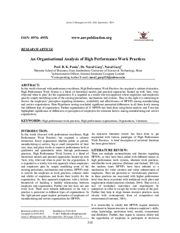 (PDF) An Organisational Analysis of High Performance Work Practices