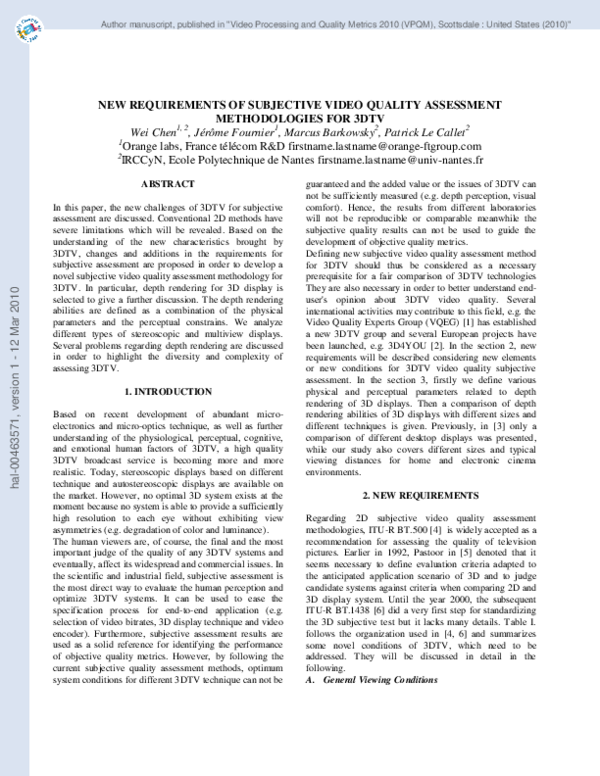 (PDF) New requirements of subjective video quality assessment ...