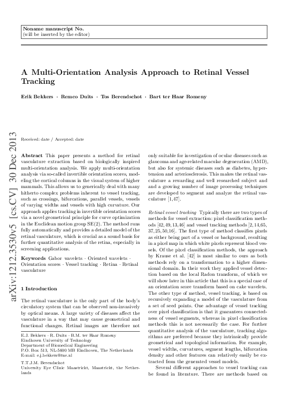 Pdf A New Retinal Vessel Tracking Method Based On Orientation Scores Remco Duits