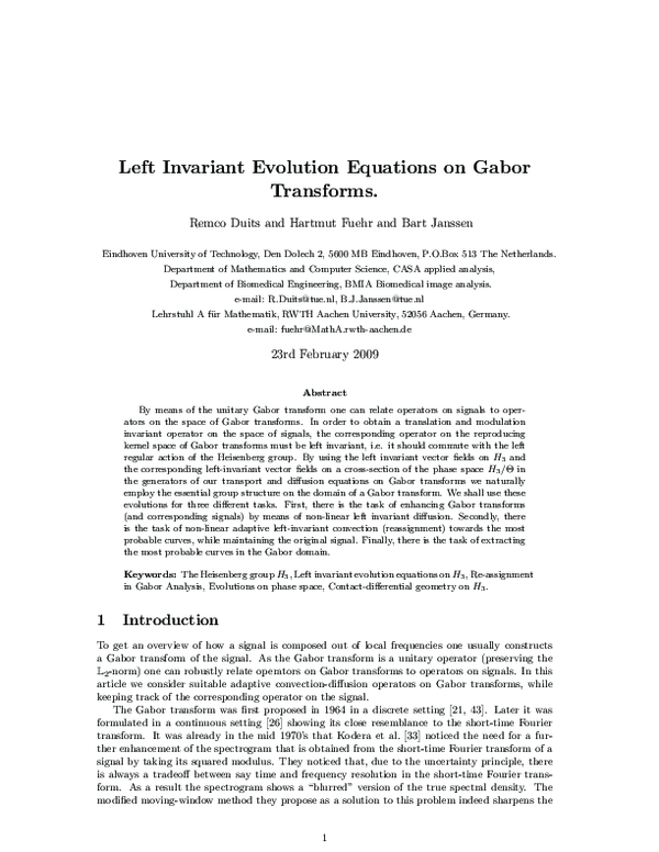 (PDF) Left Invariant Evolution Equations on Gabor Transforms