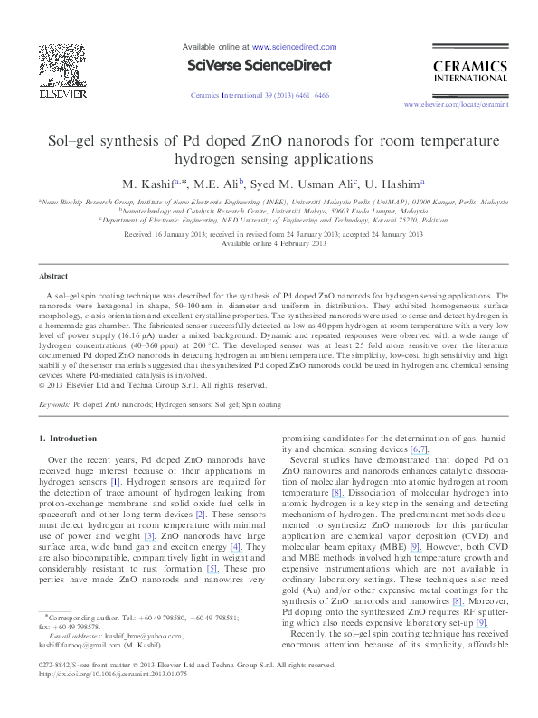(PDF) Sol–gel synthesis of Pd doped ZnO nanorods for room temperature hydrogen sensing applications