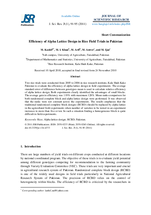 (PDF) Efficiency of Alpha Lattice Design in Rice Field Trials in Pakistan