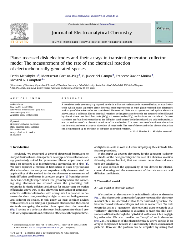 (PDF) Plane-recessed disk electrodes and their arrays in transient generator–collector mode: The ...
