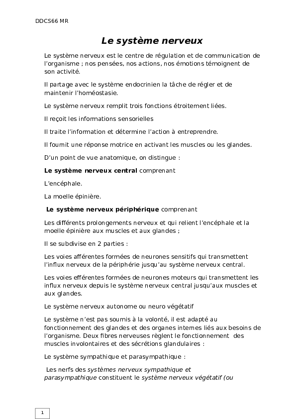 (DOC) Le systeme nerveux