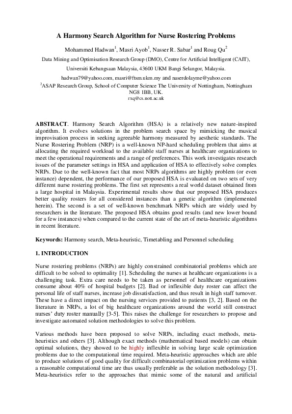 (PDF) Harmony Search for Nurse Rostering Problems