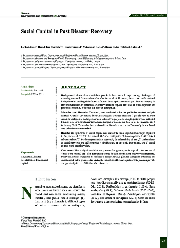 (PDF) Social Capital in Post Disaster Recovery