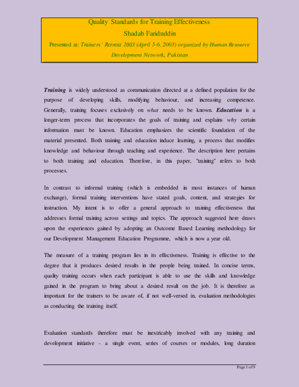 (PDF) Quality Standards for Training Effectiveness