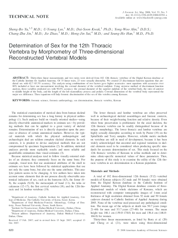 Pdf Determination Of Sex For The 12th Thoracic Vertebra By