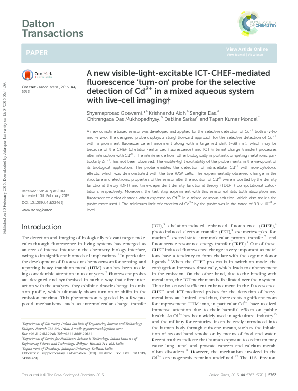 (PDF) Greener development of highly selective turn-on fluorogenic chemo sensor for Cd2+ - Cell ...