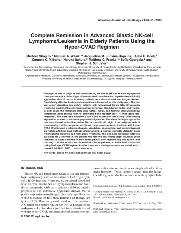 (PDF) Complete remission in advanced blastic NK-cell lymphoma/leukemia ...