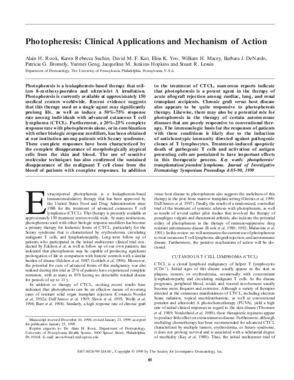 (PDF) Photopheresis: Clinical Applications and Mechanism of Action