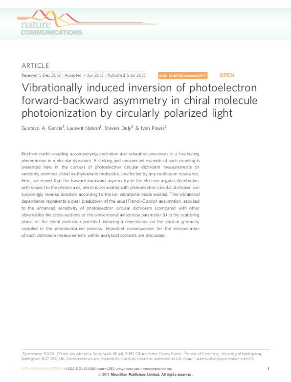 (PDF) Vibrationally induced inversion of photoelectron forward-backward asymmetry in chiral ...