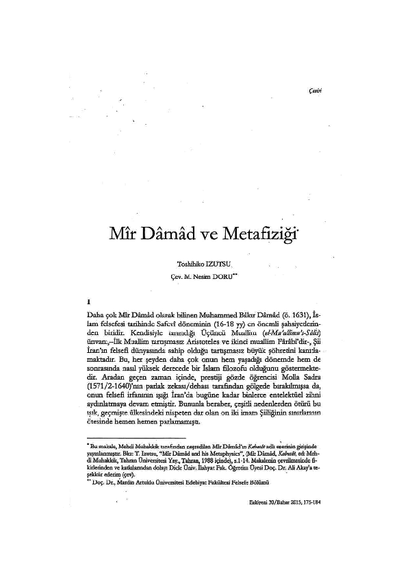 (PDF) Toshihiko IZUTSU: "Mir Dâmâd and his Metaphysics" (Mîr Dâmâd ve ...