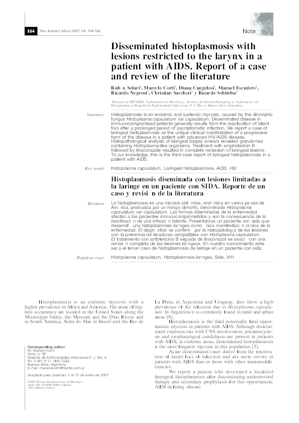 Pdf Disseminated Histoplasmosis With Lesions Restricted To The Larynx