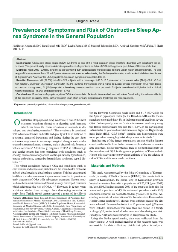 (PDF) Prevalence of symptoms and risk of obstructive sleep apnea ...