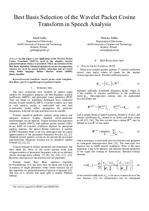 (PDF) Best Basis selection of the Wavelet Packet Cosine Transform in speech analysis | Jakub ...