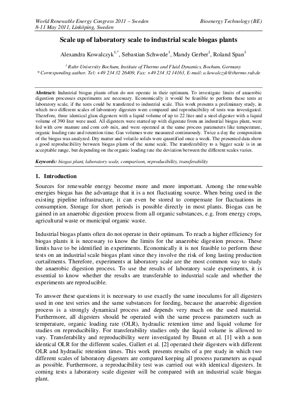 (PDF) Scale Up of Laboratory Scale to Industrial Scale Biogas Plants