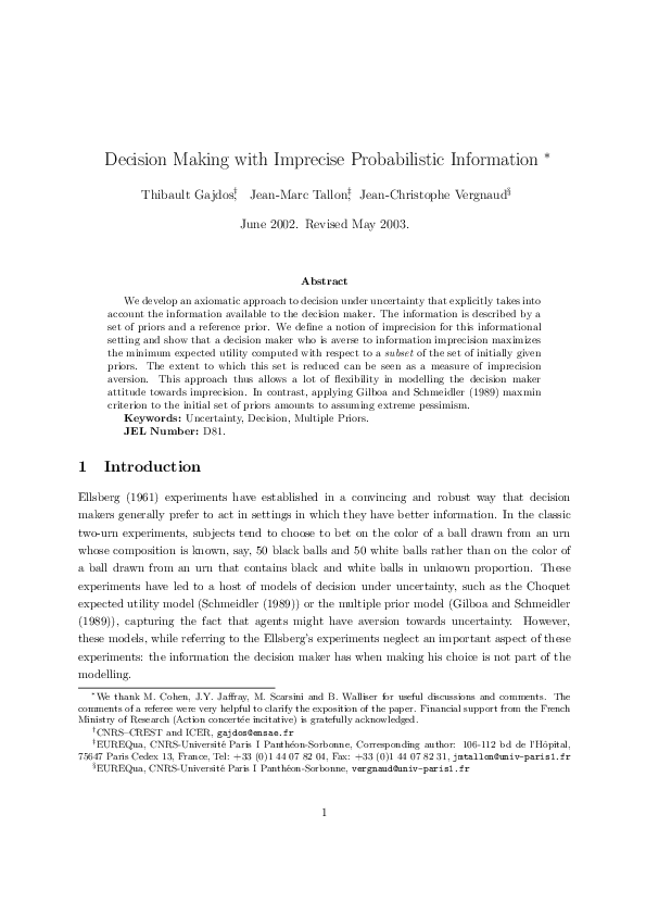 (PDF) Decision making with imprecise probabilistic information