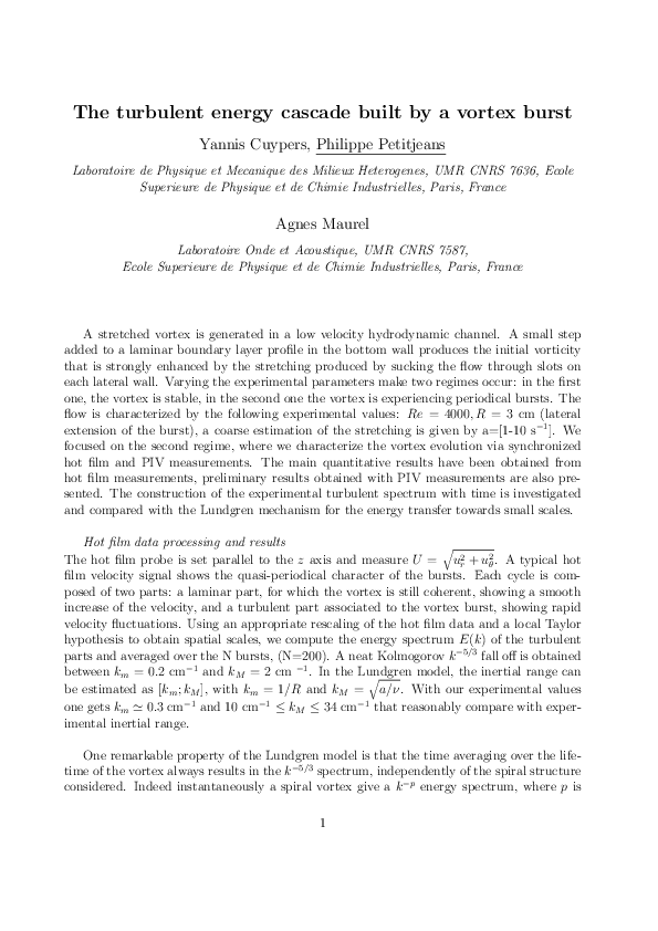 (PDF) THE TURBULENT ENERGY CASCADE BUILT BY A VORTEX BURST | Yannis ...