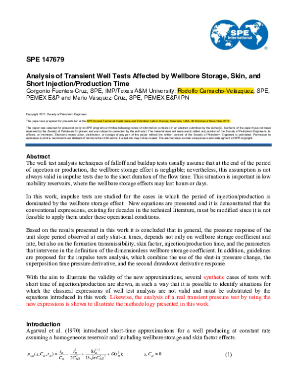 (PDF) Analysis of Transient Well Tests Affected by Wellbore Storage ...