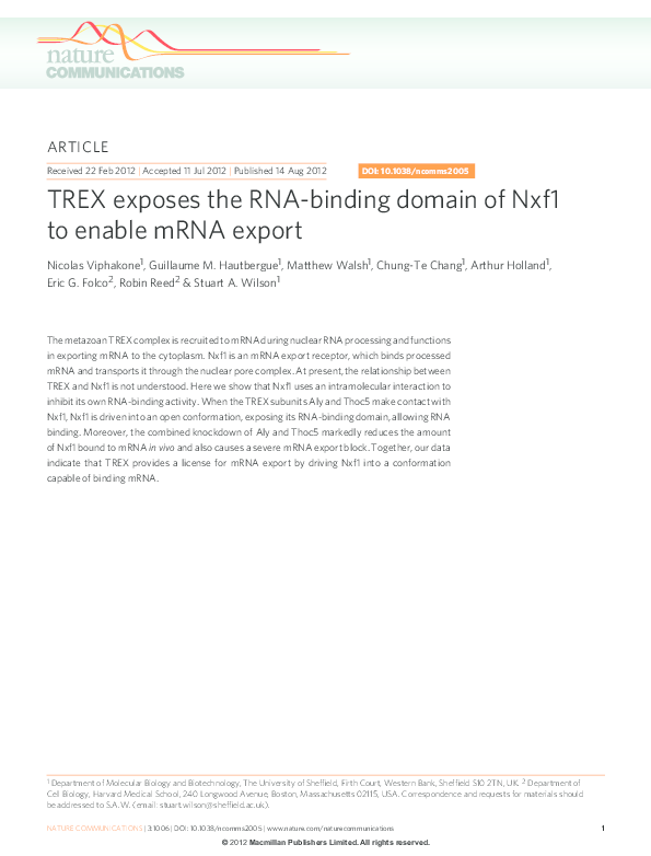 (PDF) TREX exposes the RNA-binding domain of Nxf1 to enable mRNA export