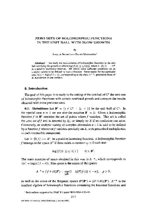 (PDF) Zero sets of holomorphic functions in the unit ball with slow growth