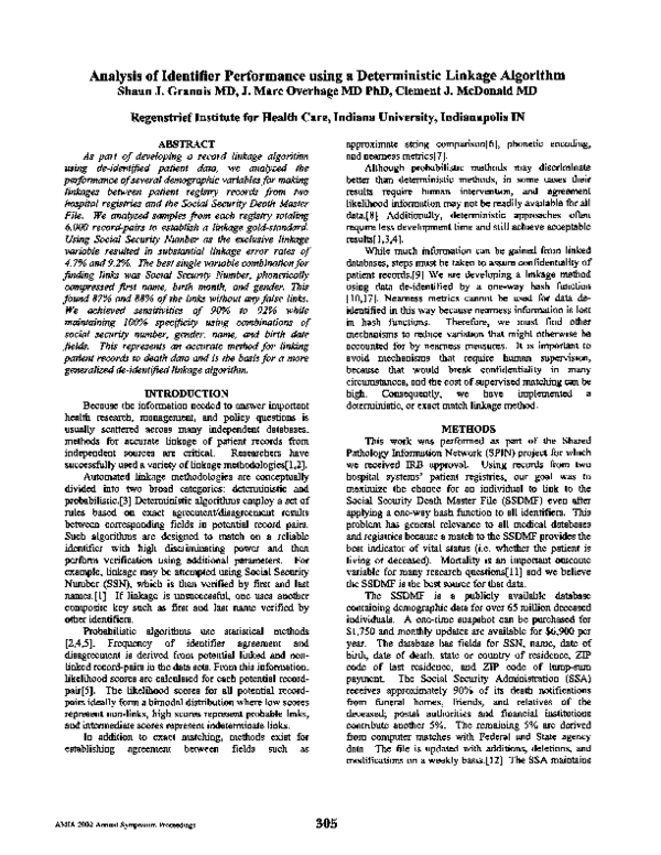 Pdf Analysis Of Identifier Performance Using A Deterministic Linkage Algorithm Clement 1435