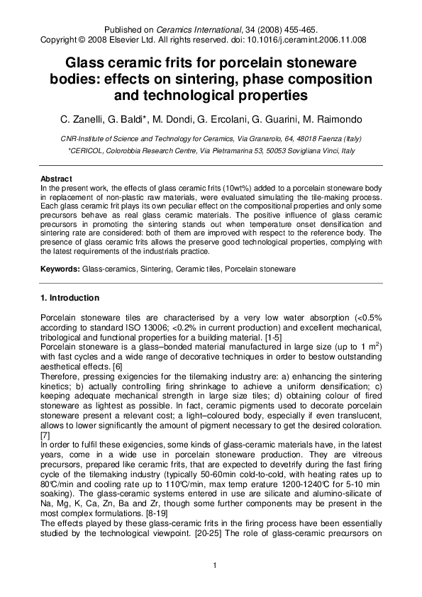 (PDF) Glass–ceramic frits for porcelain stoneware bodies: Effects on ...