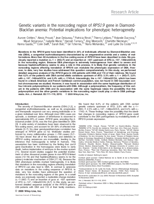(PDF) Genetic variants in the noncoding region of RPS19 gene in Diamond ...
