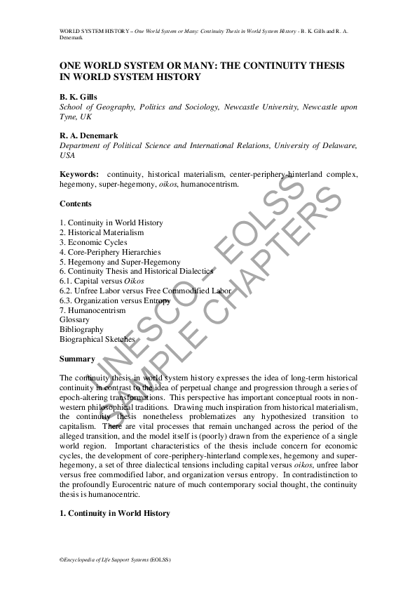 (PDF) ONE WORLD SYSTEM OR MANY: THE CONTINUITY THESIS IN WORLD SYSTEM ...