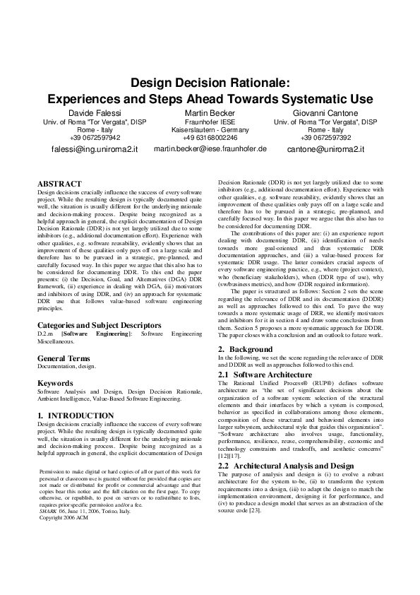 (PDF) Design decision rationale: experiences and steps ahead towards ...