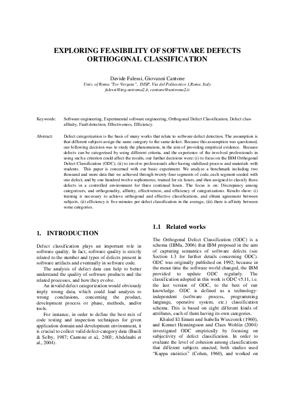 (PDF) Exploring Feasibility of Software Defects Orthogonal Classification