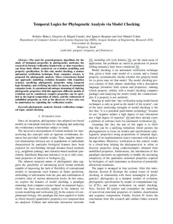 (PDF) Temporal logics for phylogenetic analysis via model checking
