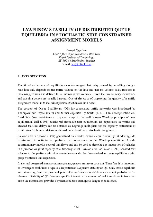 (PDF) LYAPUNOV STABILITY OF DISTRIBUTED QUEUE EQUILIBRIA IN STOCHASTIC SIDE CONSTRAINED ...