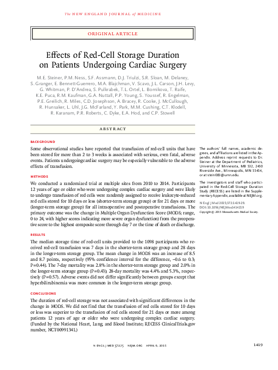 (PDF) Effects of Red-Cell Storage Duration on Patients Undergoing ...
