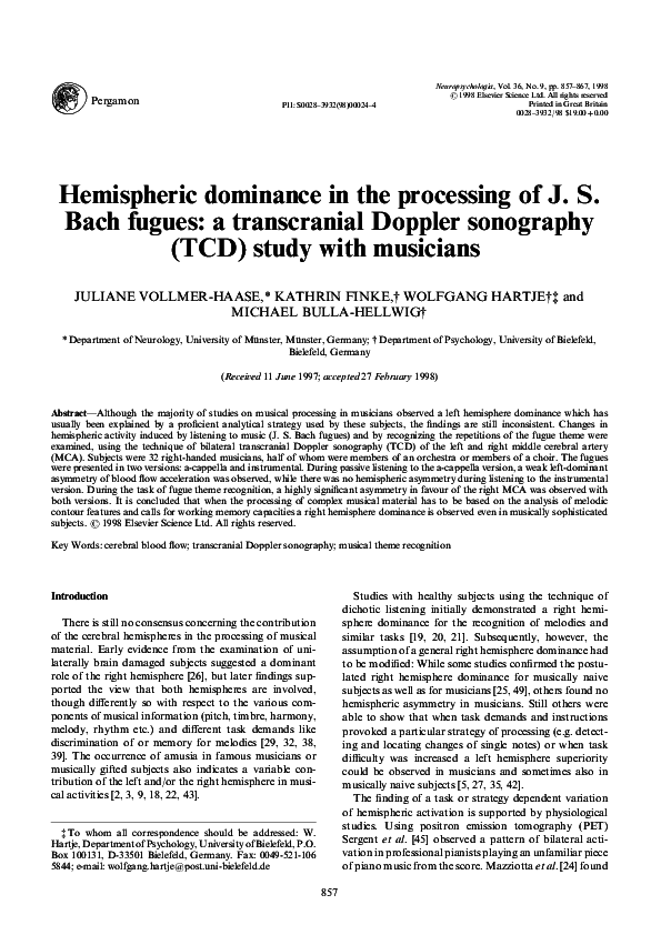 (PDF) Hemispheric dominance in the processing of J. S. Bach fugues: a ...