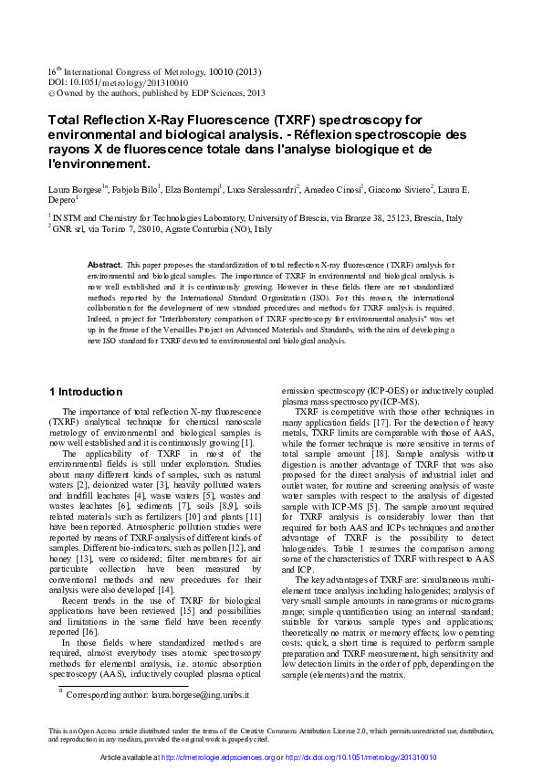 (PDF) Total Reflection X-Ray Fluorescence (TXRF) spectroscopy for environmental and biological ...