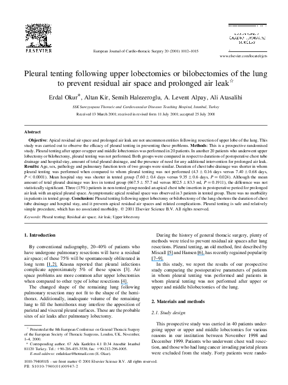 (PDF) Pleural tenting following upper lobectomies or bilobectomies of ...