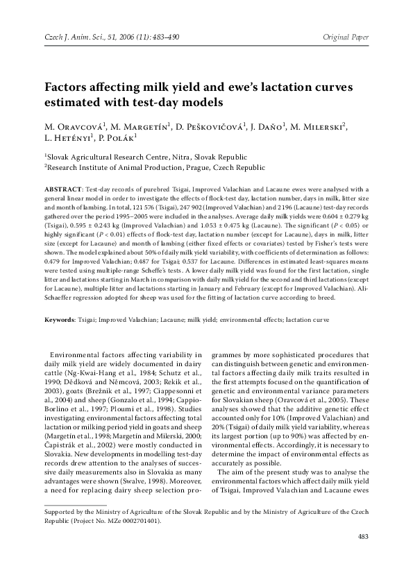 (PDF) Factors affecting milk yield and ewe's lactation curves estimated ...