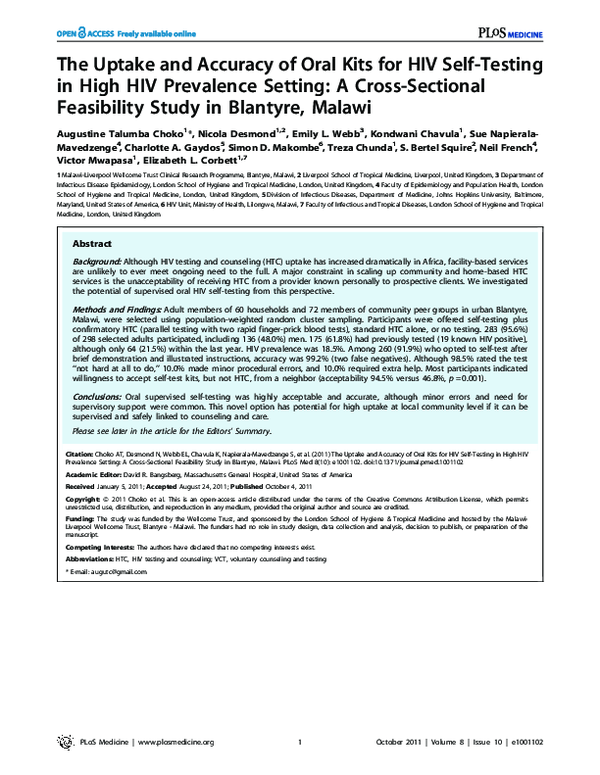 (PDF) The Uptake and Accuracy of Oral Kits for HIV Self-Testing in High ...