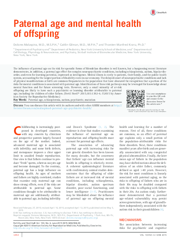 (PDF) Paternal age and mental health of offspring.