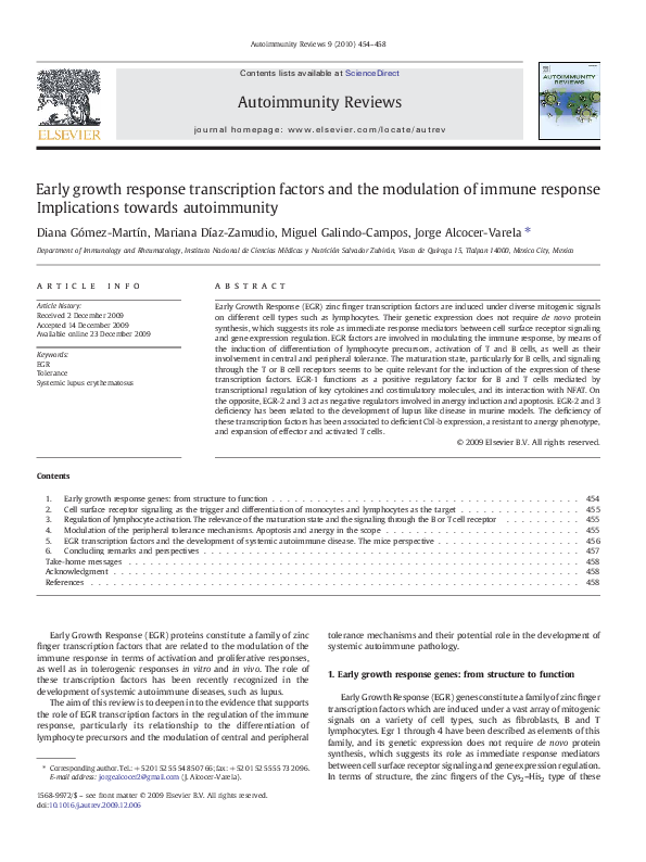 (PDF) Early growth response transcription factors and the modulation of ... (PDF) Early growth response transcription factors and the modulation of ...