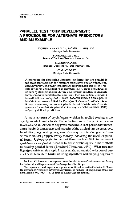(PDF) PARALLEL TEST FORM DEVELOPMENT: A PROCEDURE FOR ALTERNATE ...