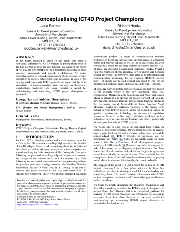 (PDF) Conceptualising ICT4D project champions