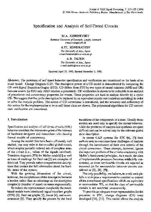 (PDF) Specification and analysis of self-timed circuits | Michael Kishinevsky - Academia.edu