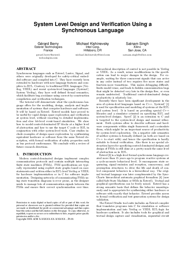 Pdf System Level Design And Verification Using A Synchronous Language