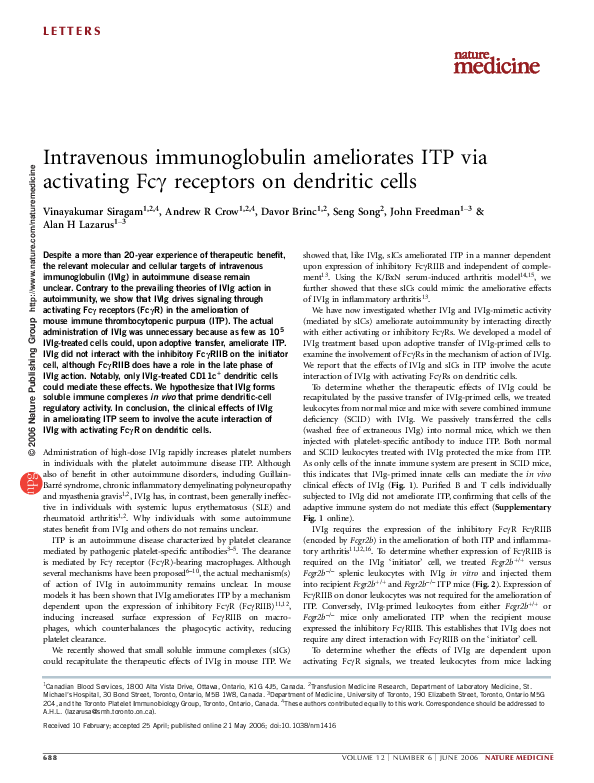 (PDF) Intravenous immunoglobulin ameliorates ITP via activating Fcγ ...