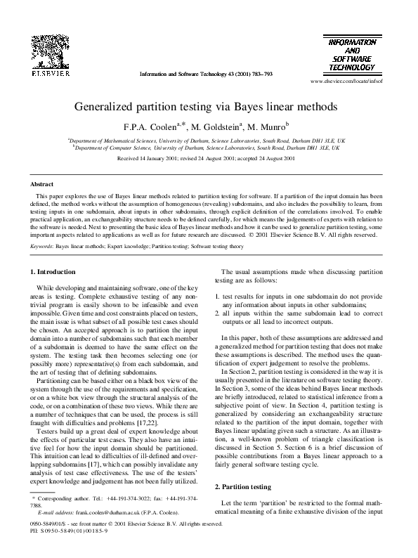 (PDF) Generalized partition testing via Bayes linear methods